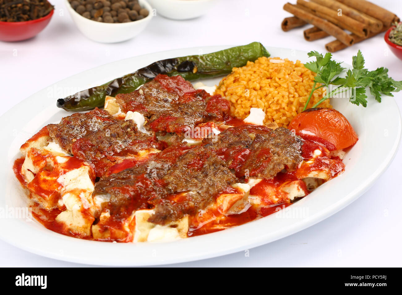 Turkish Meat Kebab served in an anatolian plate Stock Photo - Alamy