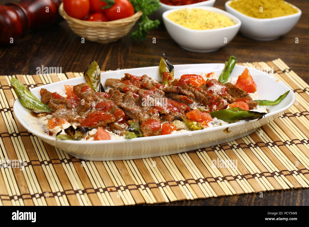 Turkish Meat Kebab served in an anatolian plate Stock Photo - Alamy