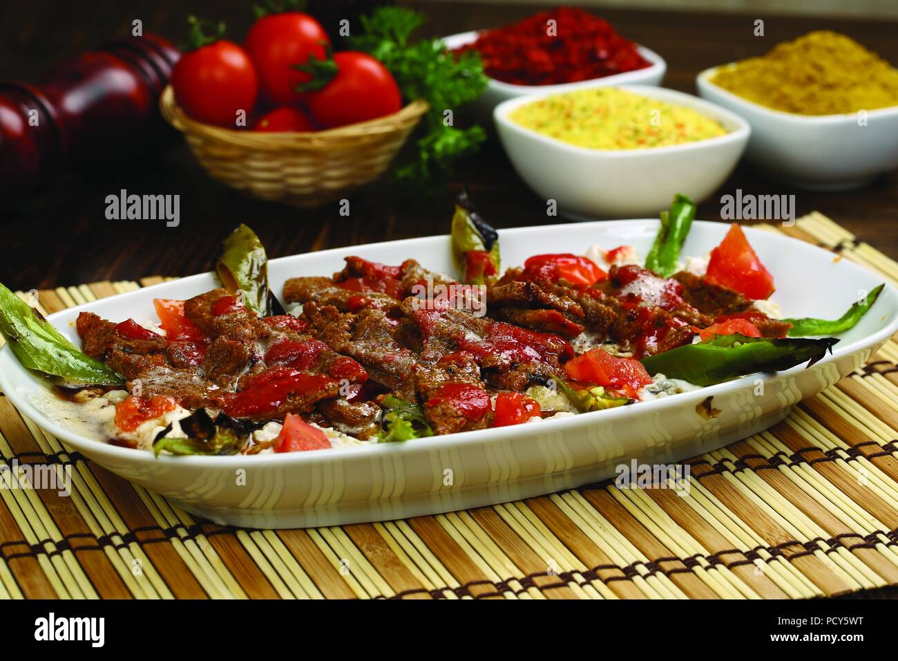 Turkish Meat Kebab served in an anatolian plate Stock Photo - Alamy