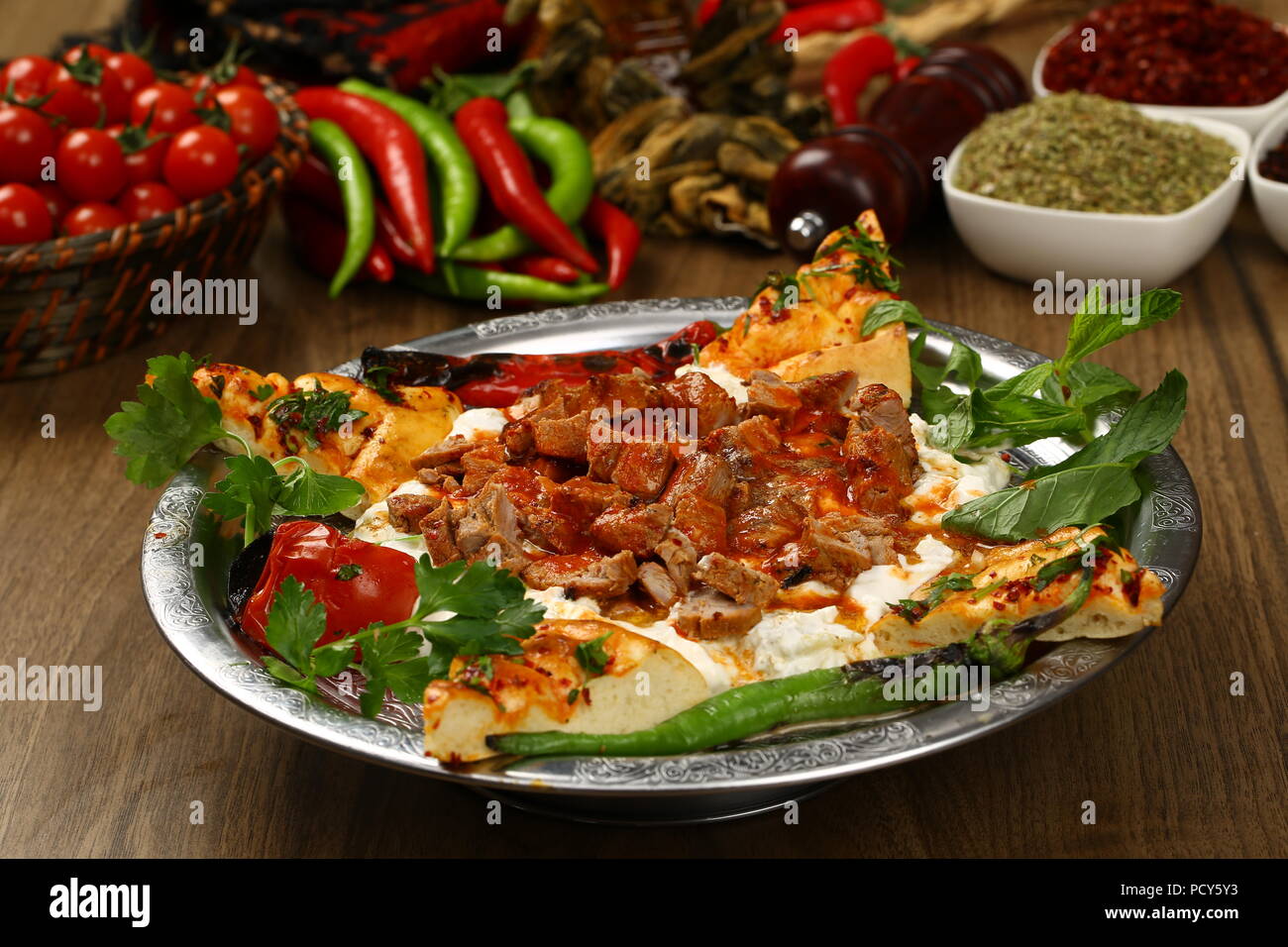 Turkish Meat Kebab served in an anatolian plate Stock Photo - Alamy