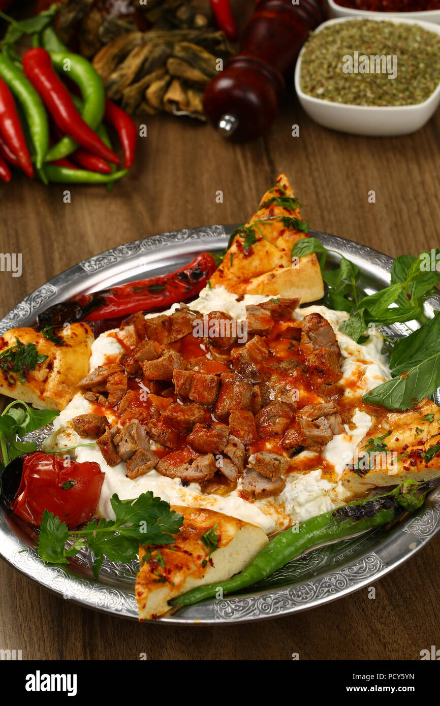 Turkish Meat Kebab served in an anatolian plate Stock Photo - Alamy