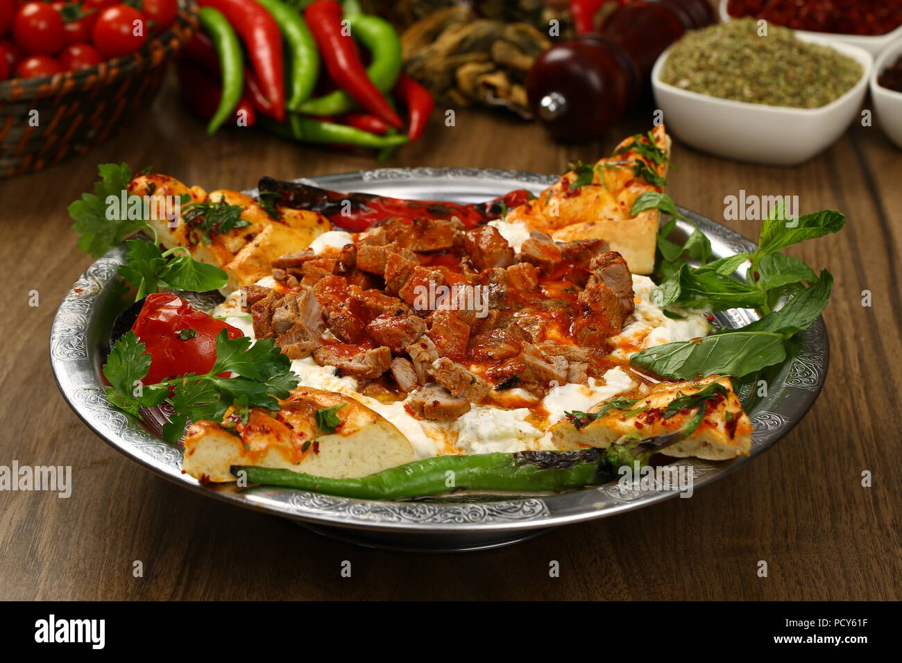 Turkish Meat Kebab served in an anatolian plate Stock Photo - Alamy