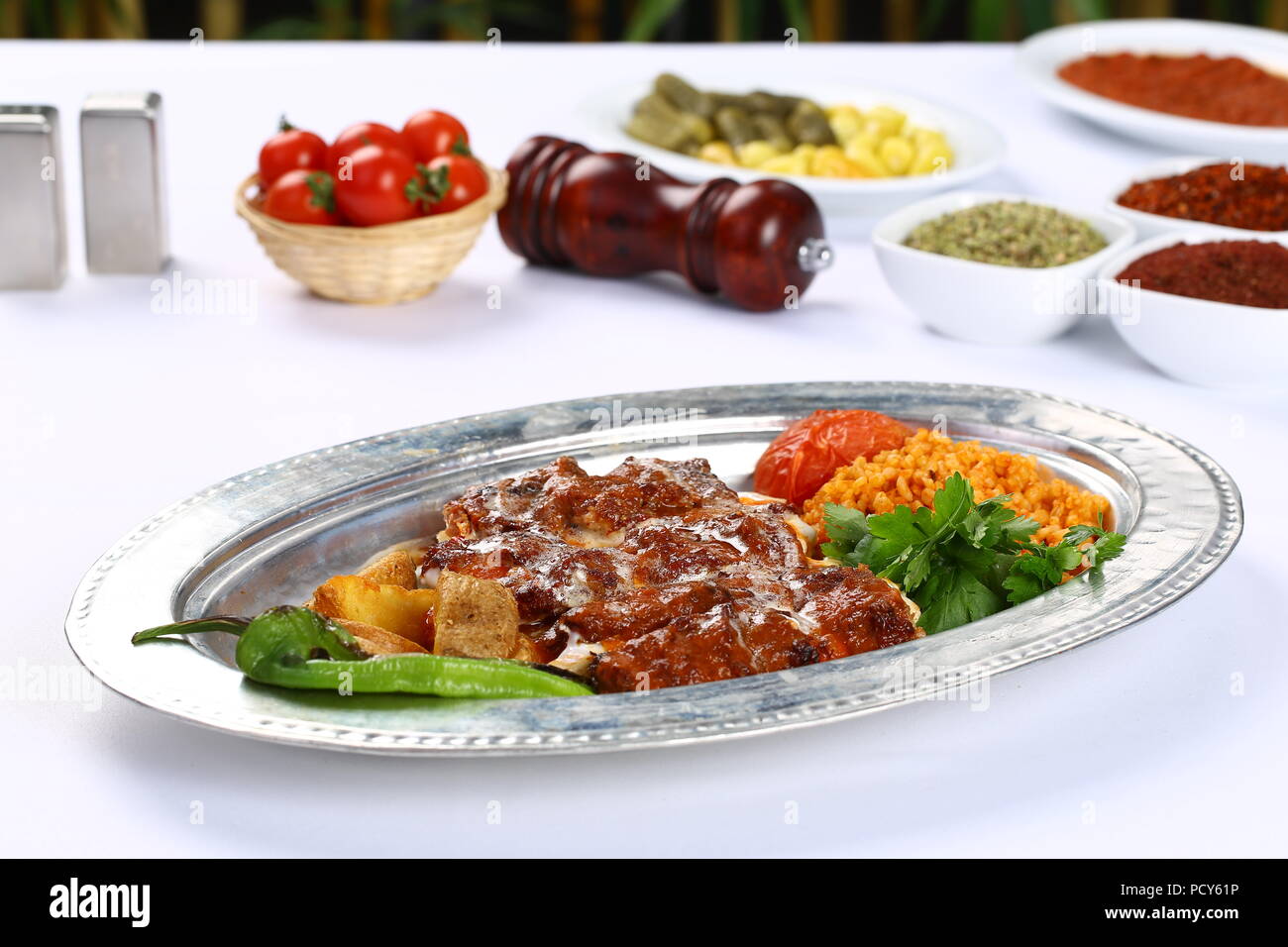 Turkish Meat Kebab served in an anatolian plate Stock Photo - Alamy
