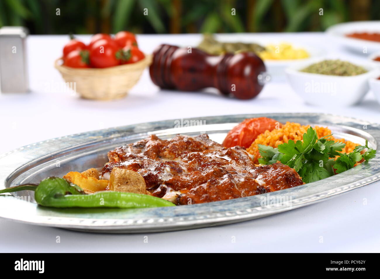 Turkish Meat Kebab served in an anatolian plate Stock Photo - Alamy
