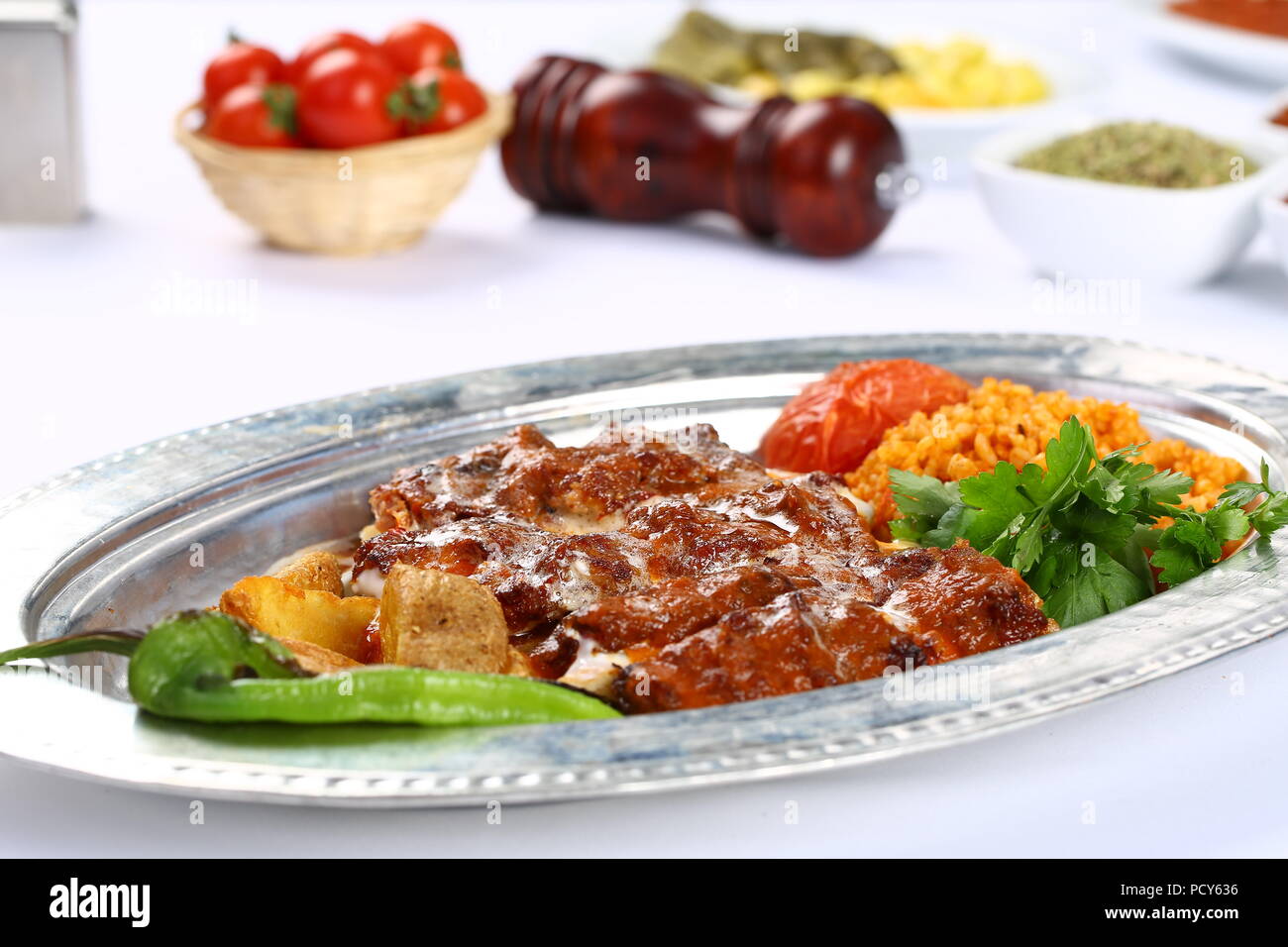 Turkish Meat Kebab served in an anatolian plate Stock Photo - Alamy