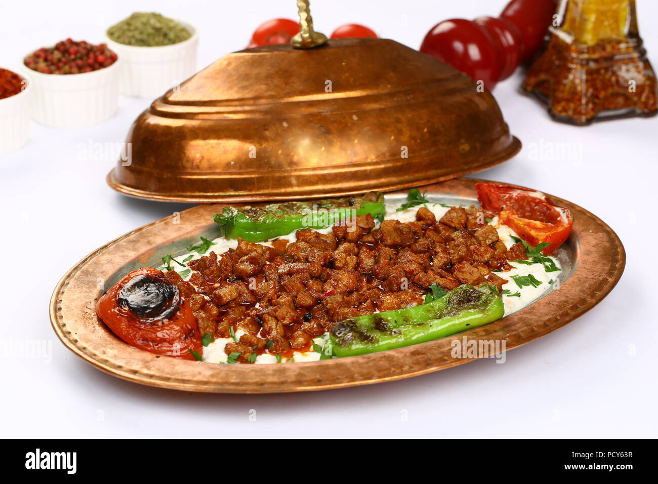 Turkish Meat Kebab served in an anatolian plate Stock Photo - Alamy