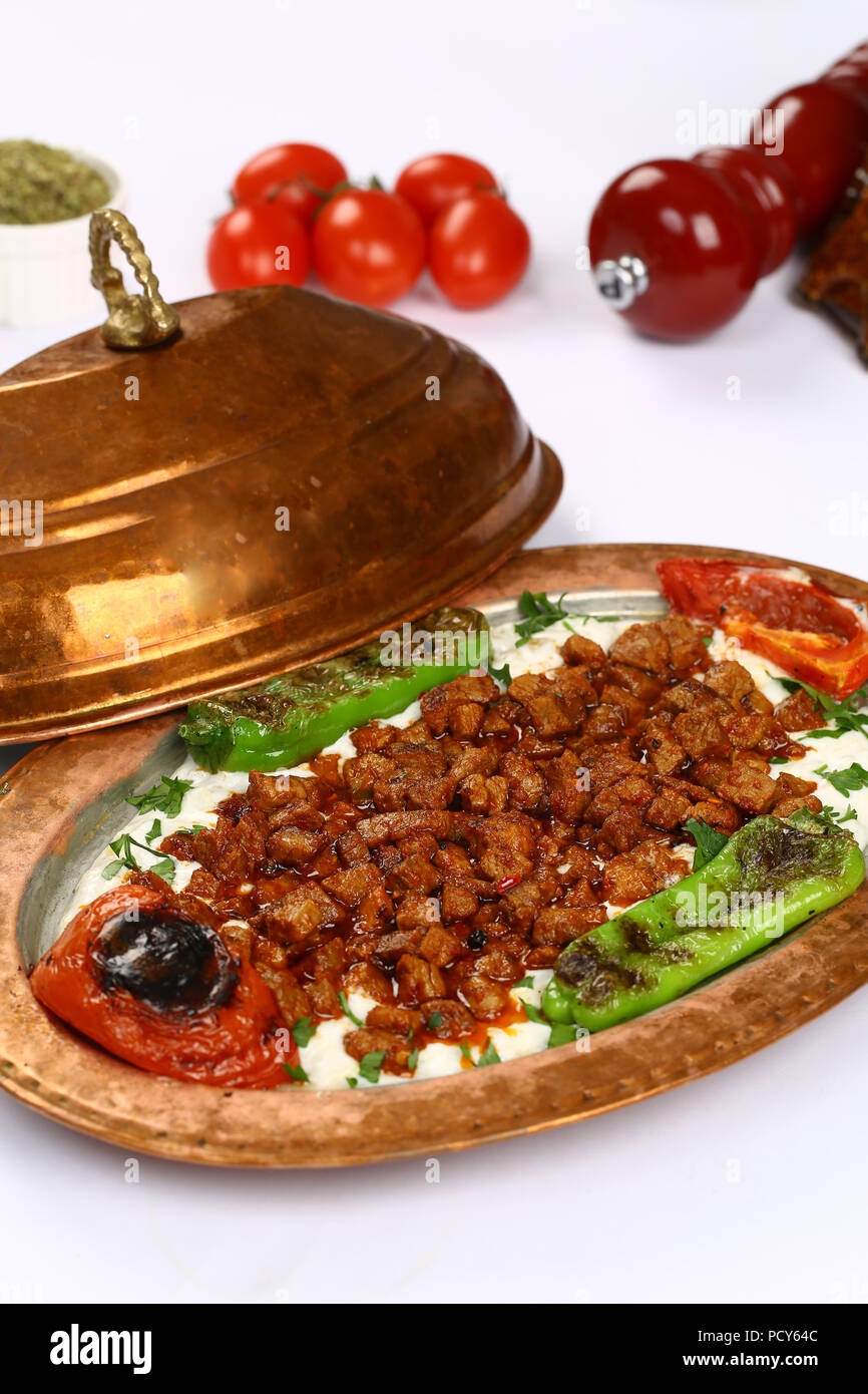 Turkish Meat Kebab served in an anatolian plate Stock Photo - Alamy