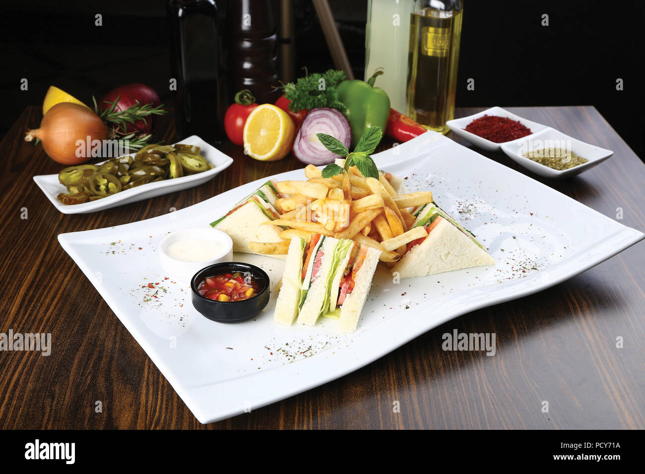 A club sandwich on a rustic table - Fresh toasted panini sandwich Stock ...
