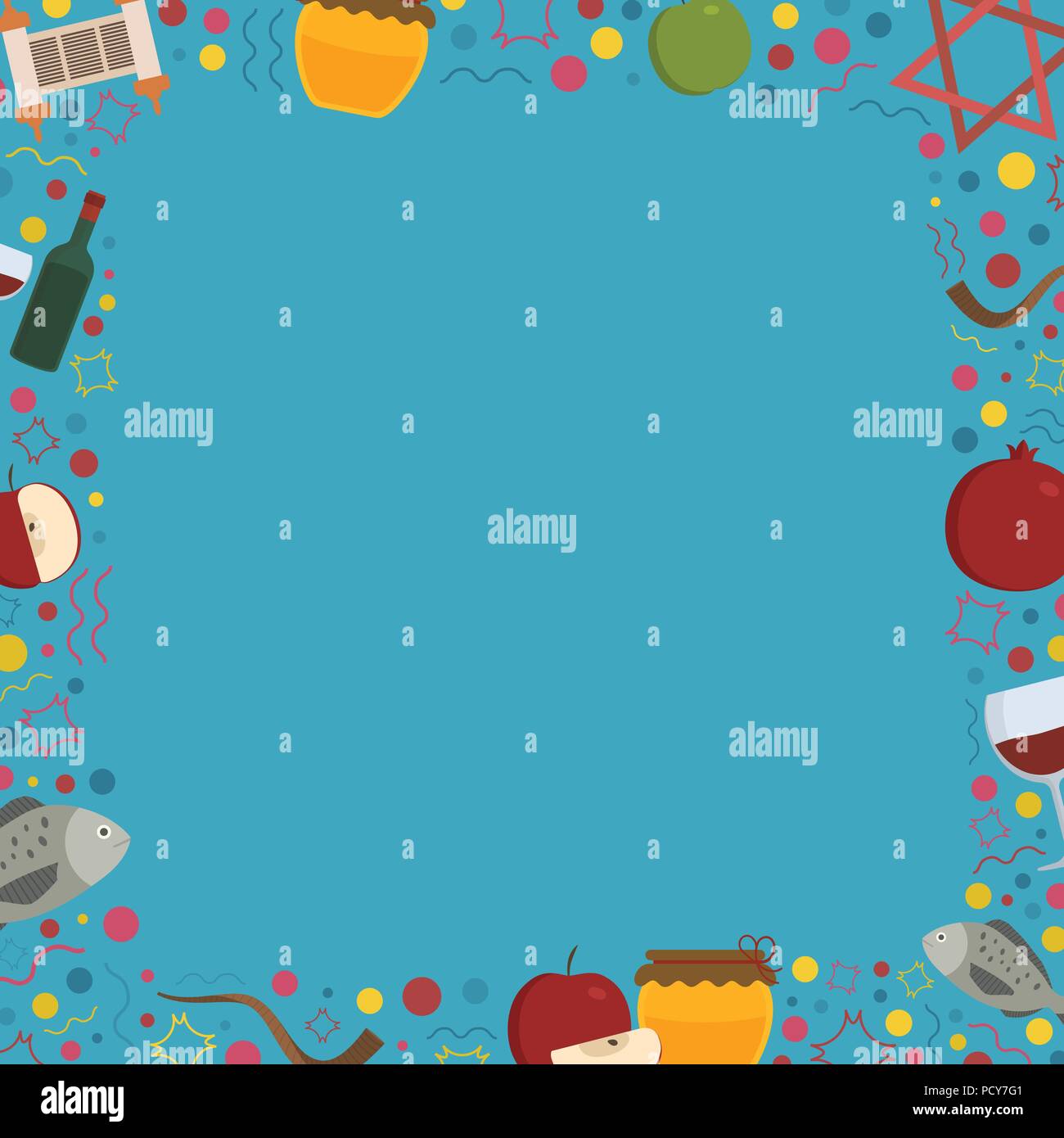 Frame with Rosh Hashanah holiday flat design icons. Template with space ...