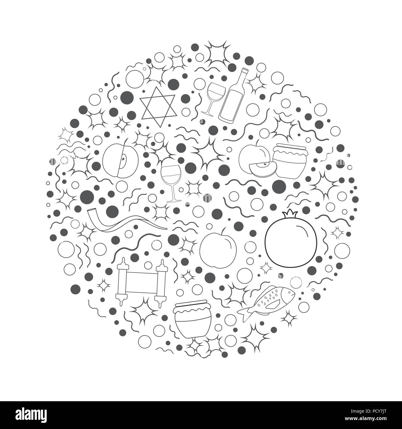 Rosh Hashanah holiday flat design black thin line icons set in round ...