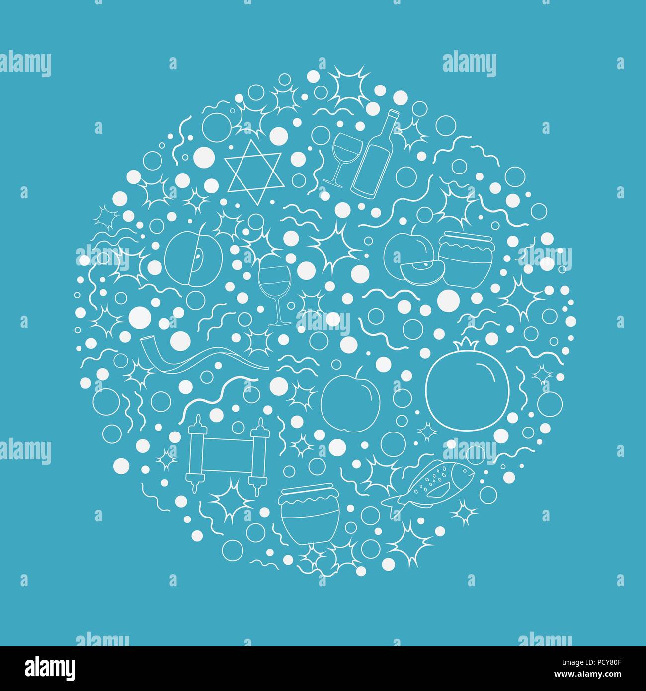 Rosh Hashanah holiday flat design white thin line icons set in round ...