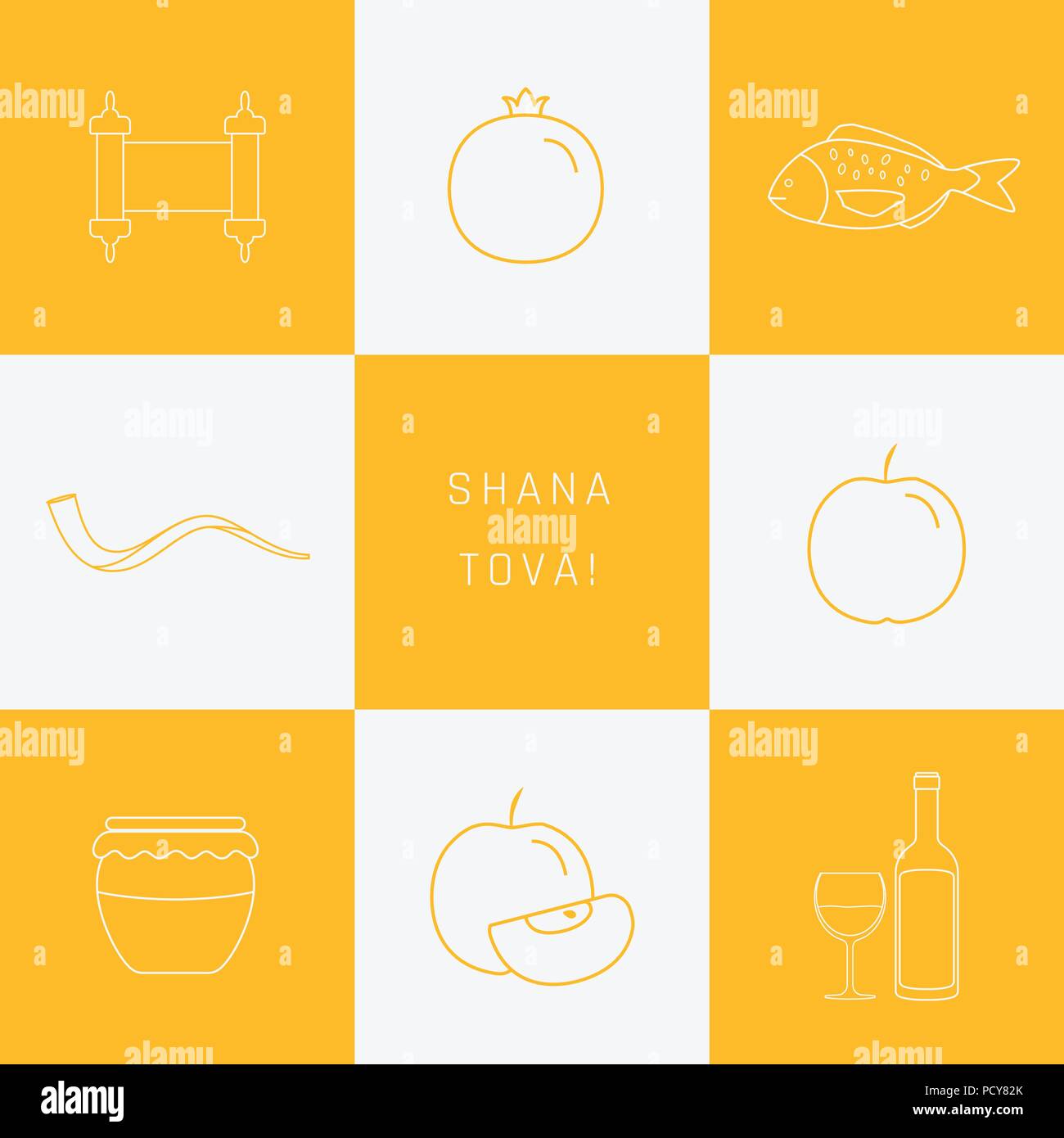 Rosh Hashanah holiday flat design white thin line icons set with text in english "Shana Tova ...