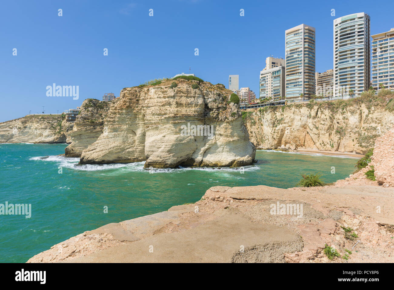 Raouche, Pigeon's rock and cave, a touristic icon rock cliff in Beirut ...