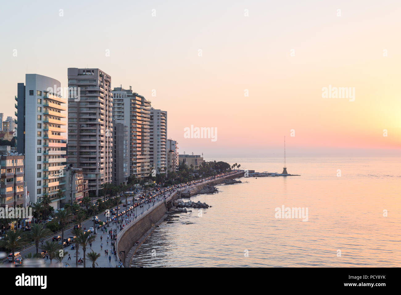Beirut's corniche sea front with high rise residential buildings and ...