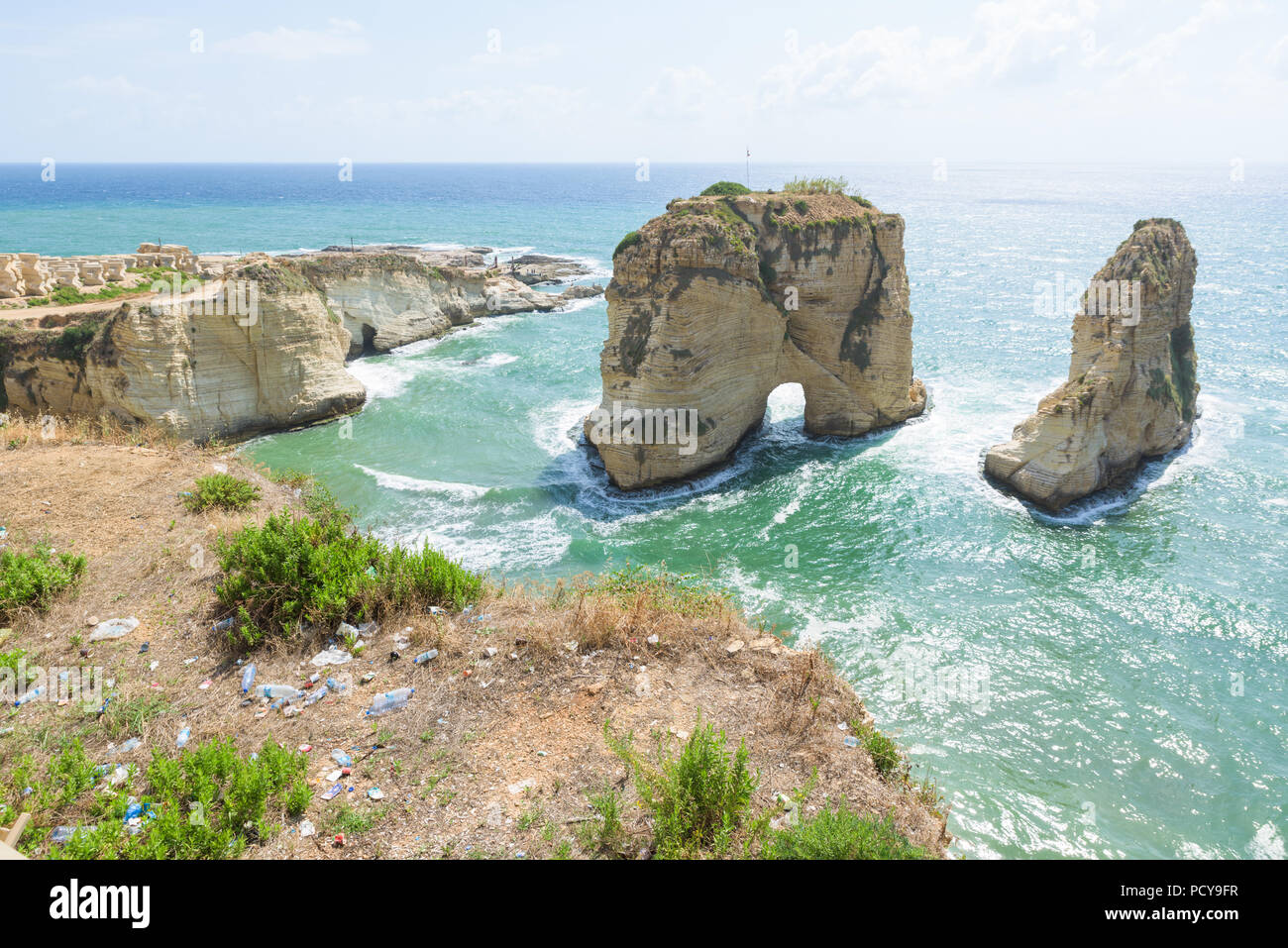 Raouche, Pigeon's rock and cave, a touristic icon rock cliff in Beirut ...