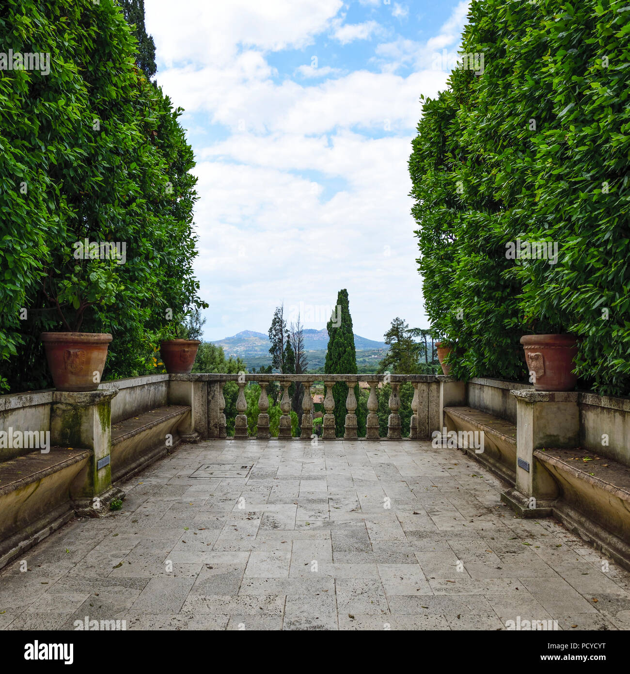 Villa D 'Este, Tivoli, Italy. Balcony of the garden with a panoramic ...