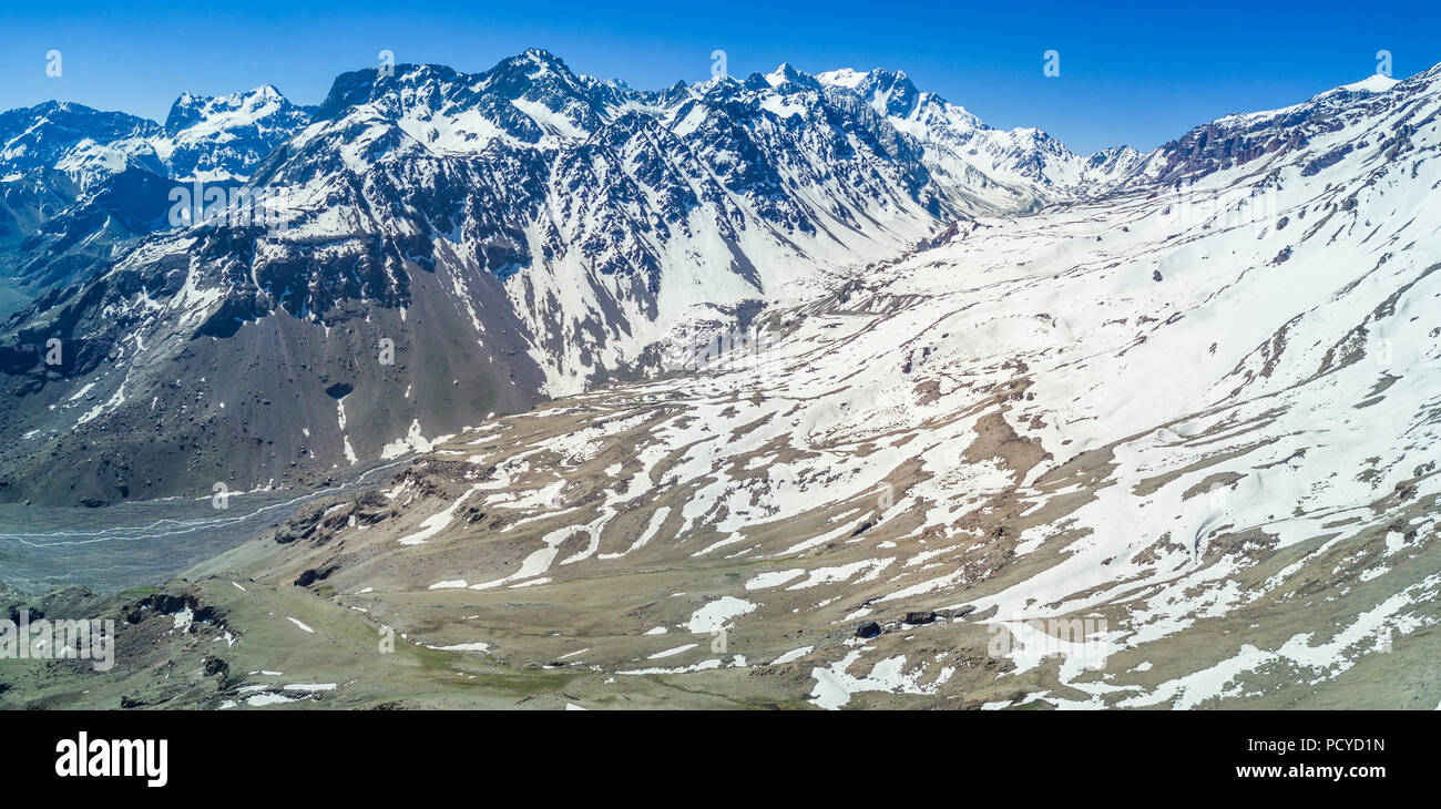 An aerial view, Andes valleys at central Chile at Cajon del Maipo ...