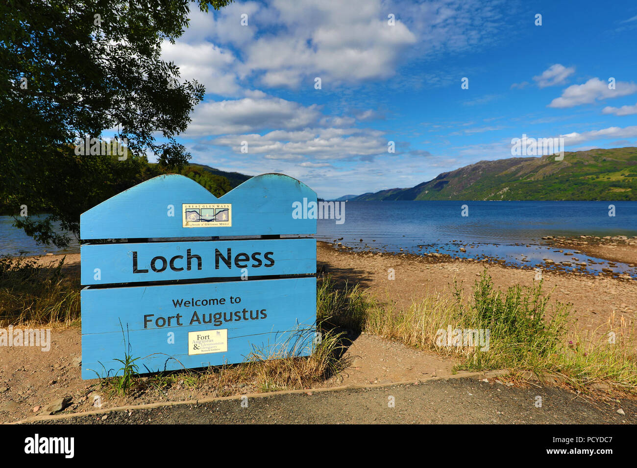 Loch Ness sign and Loch Ness in the Scottish Highlands in Fort Augustus ...