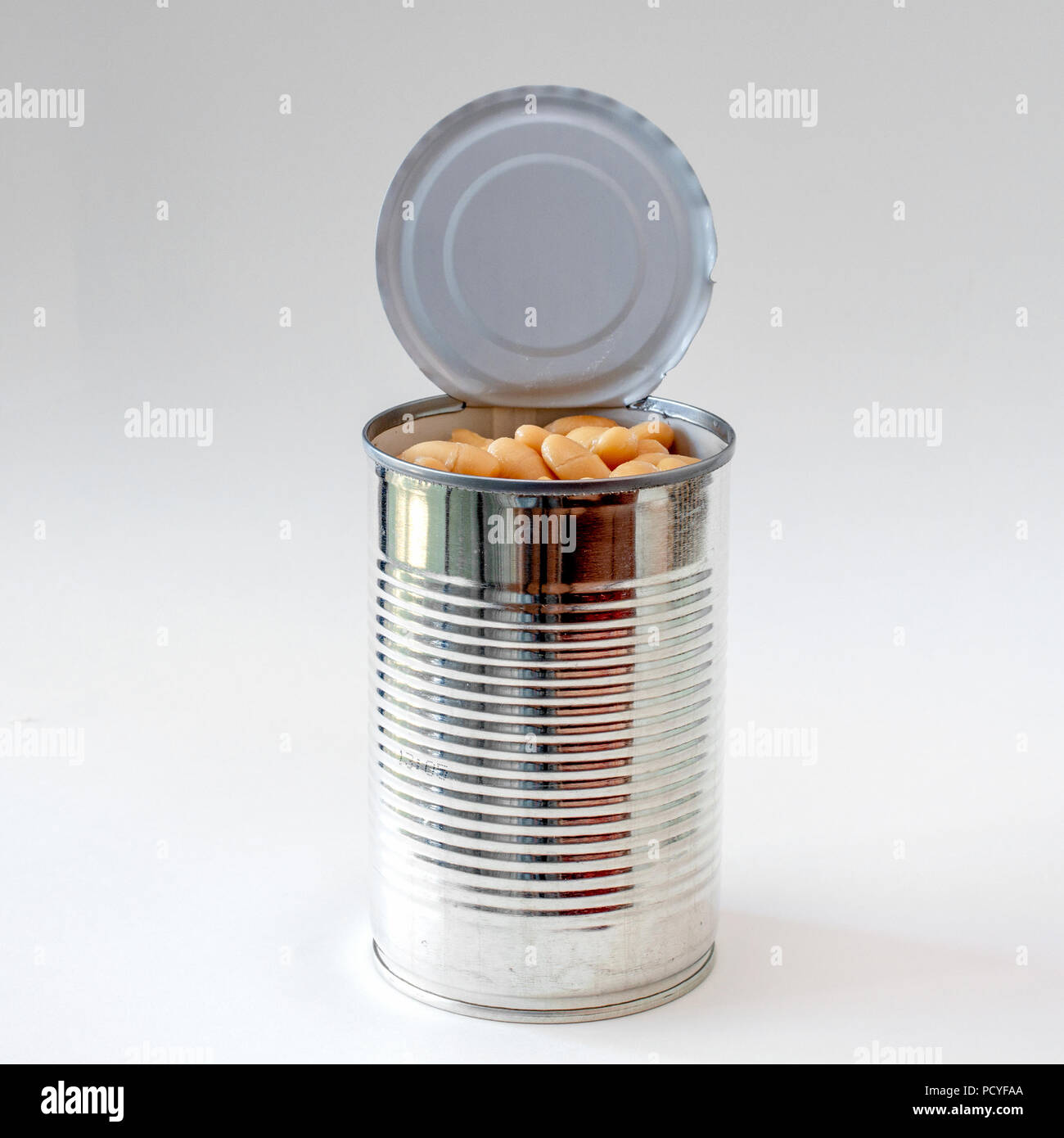 Open Navy Beans can isolated on white background with the lid up ...