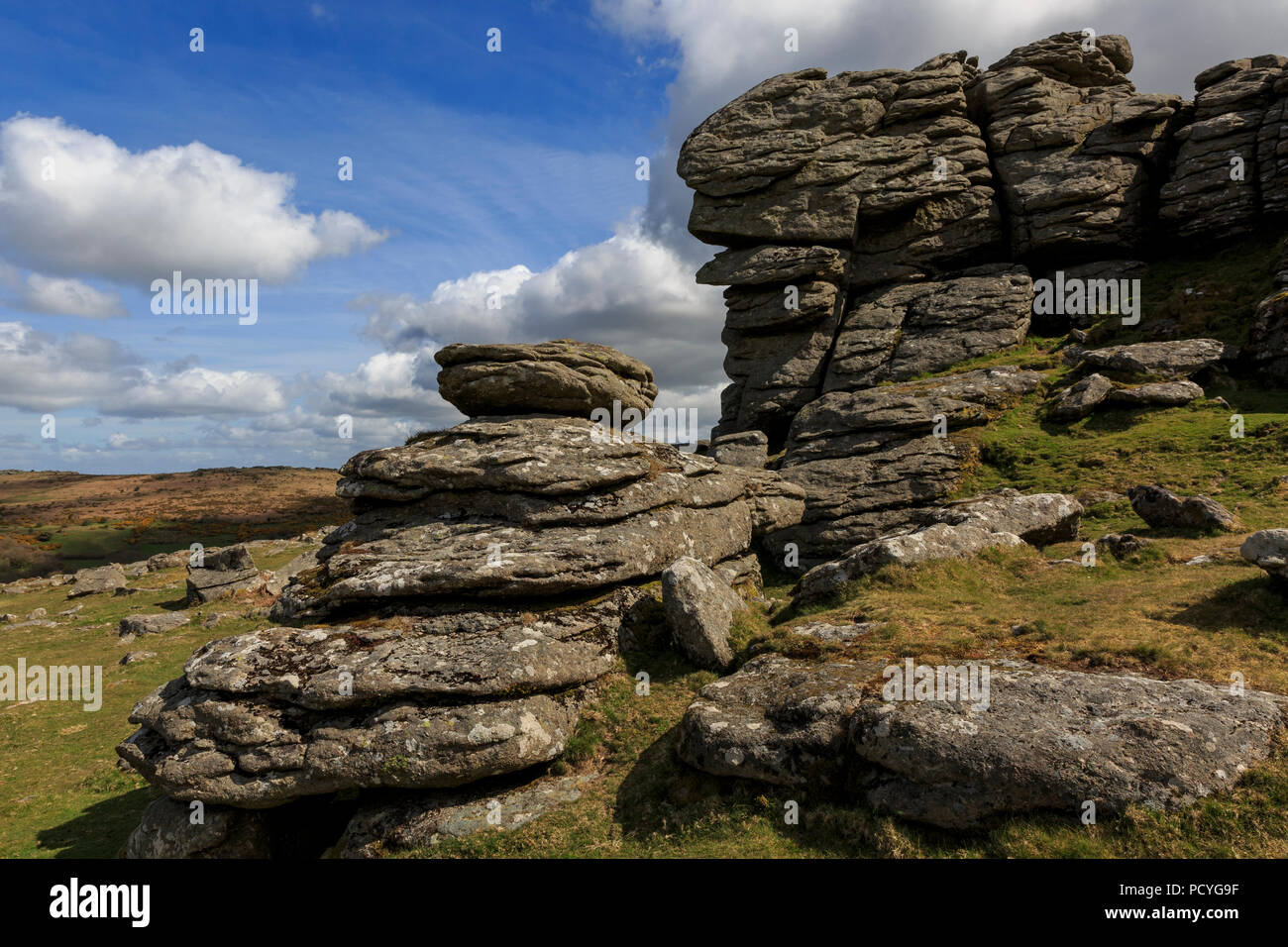 Combestone Tor, an impressive granite outcrop high on Dartmoor, on a ...