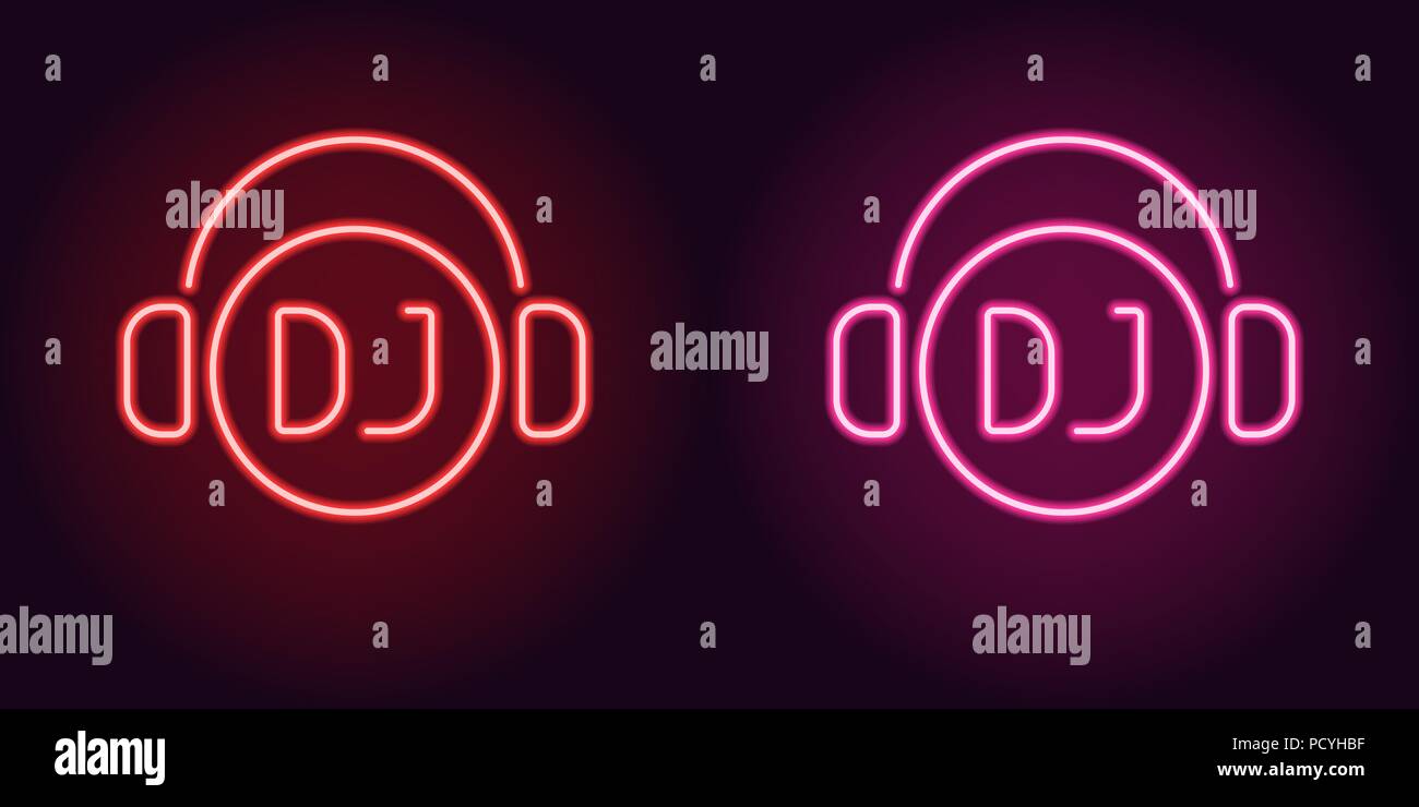 Neon DJ sign in Red and Pink color. Vector illustration of DJ icon or ...