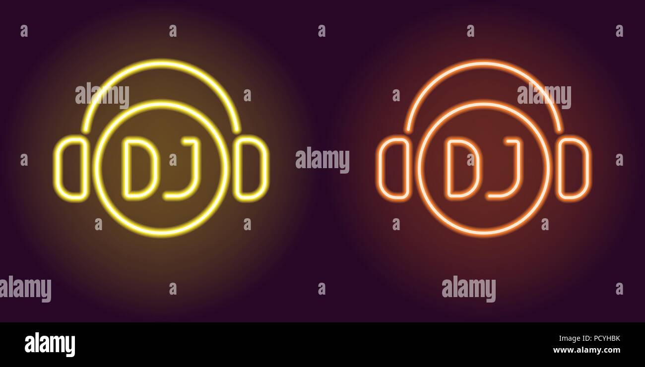 Neon DJ sign in Yellow and Orange color. Vector illustration of DJ icon ...