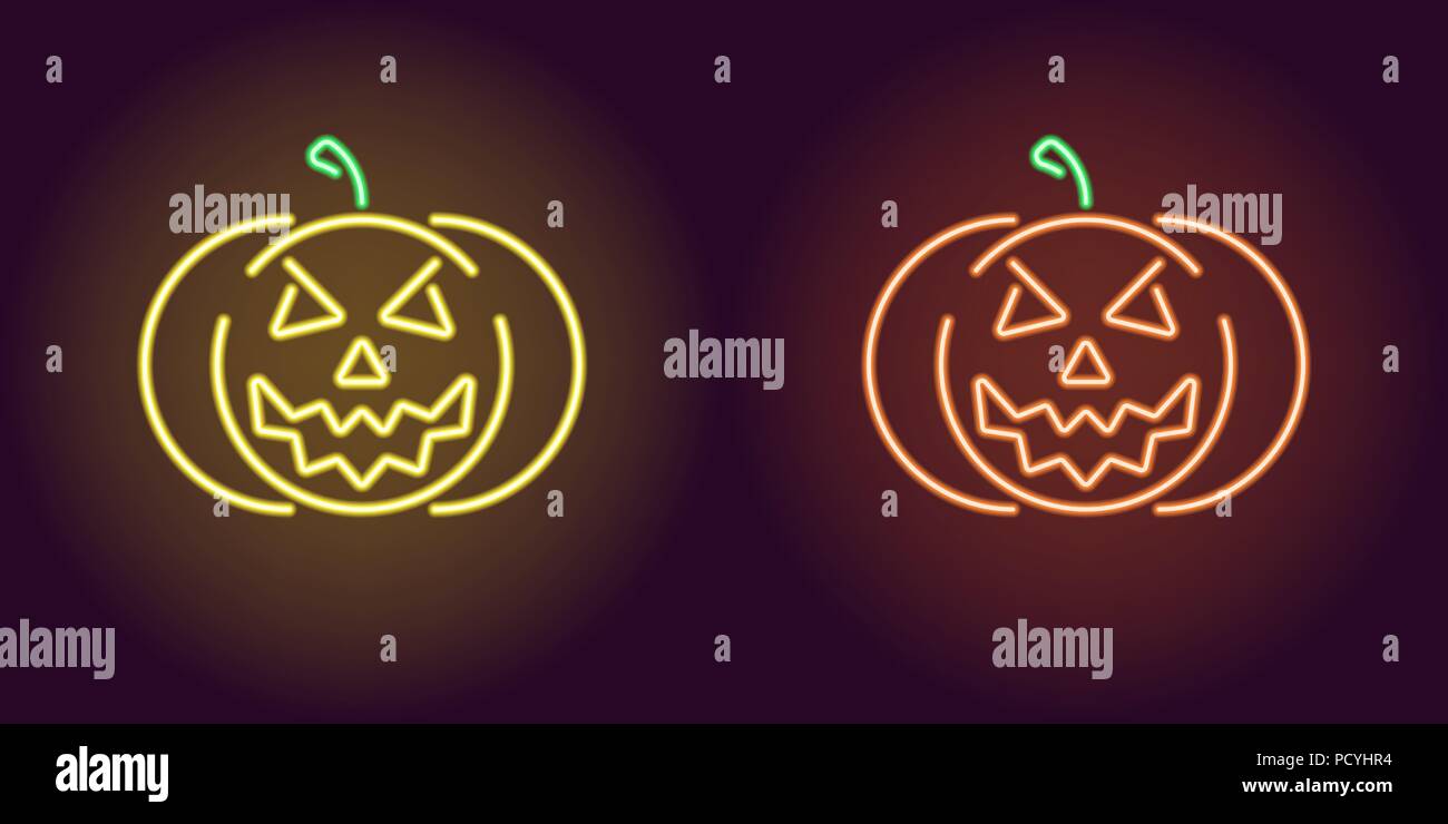 Evil neon pumpkin in yellow and orange color. Vector illustration icon ...