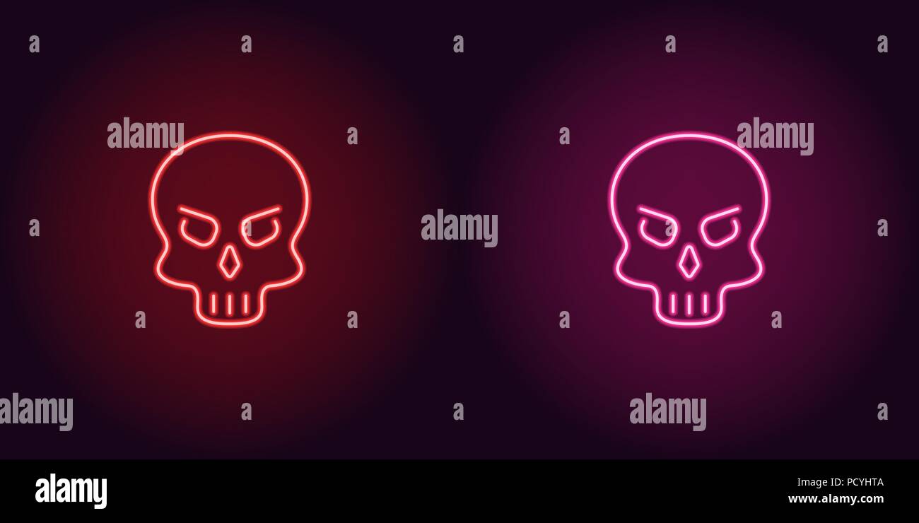 Human neon skull in red and pink color. Vector illustration icon of ...