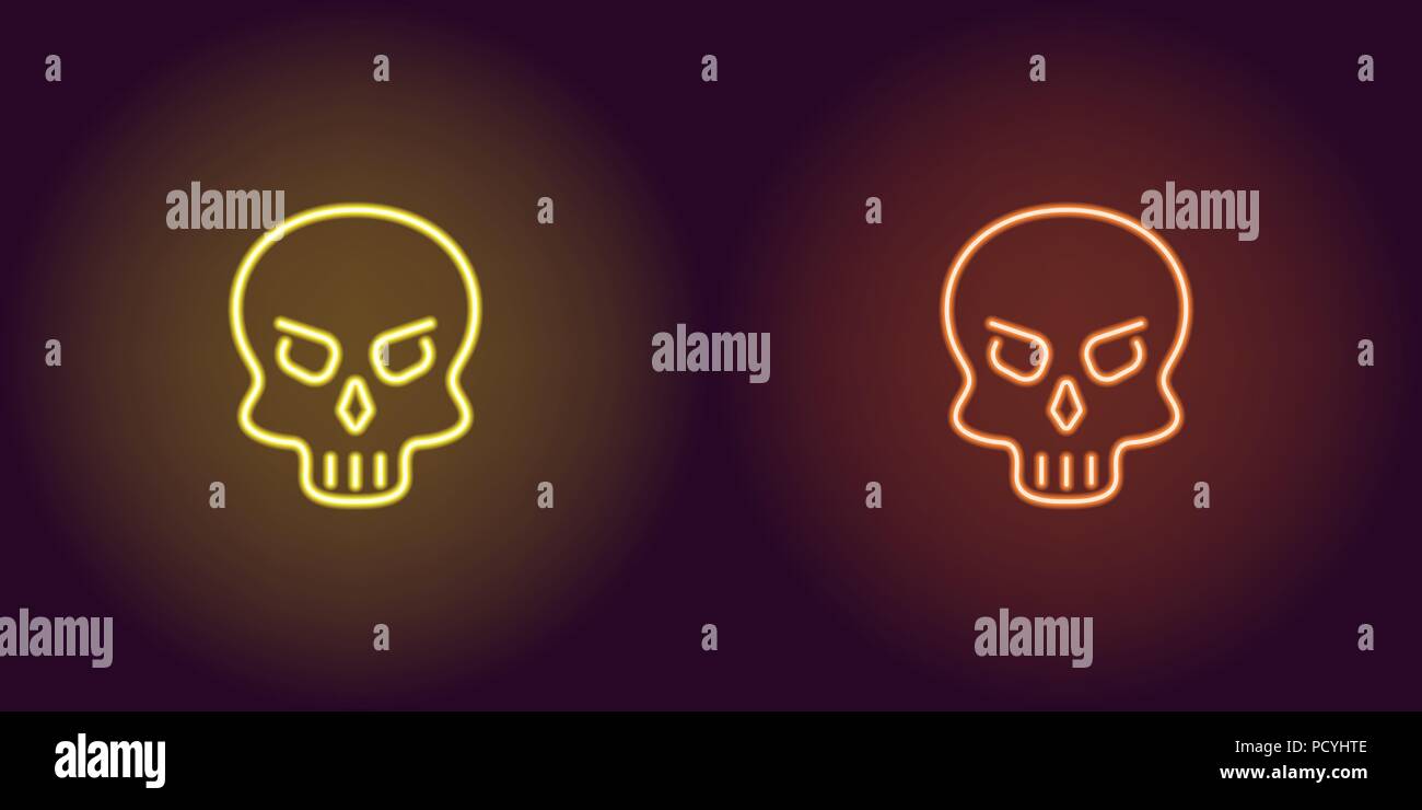 Human neon skull in yellow and orange color. Vector illustration icon ...