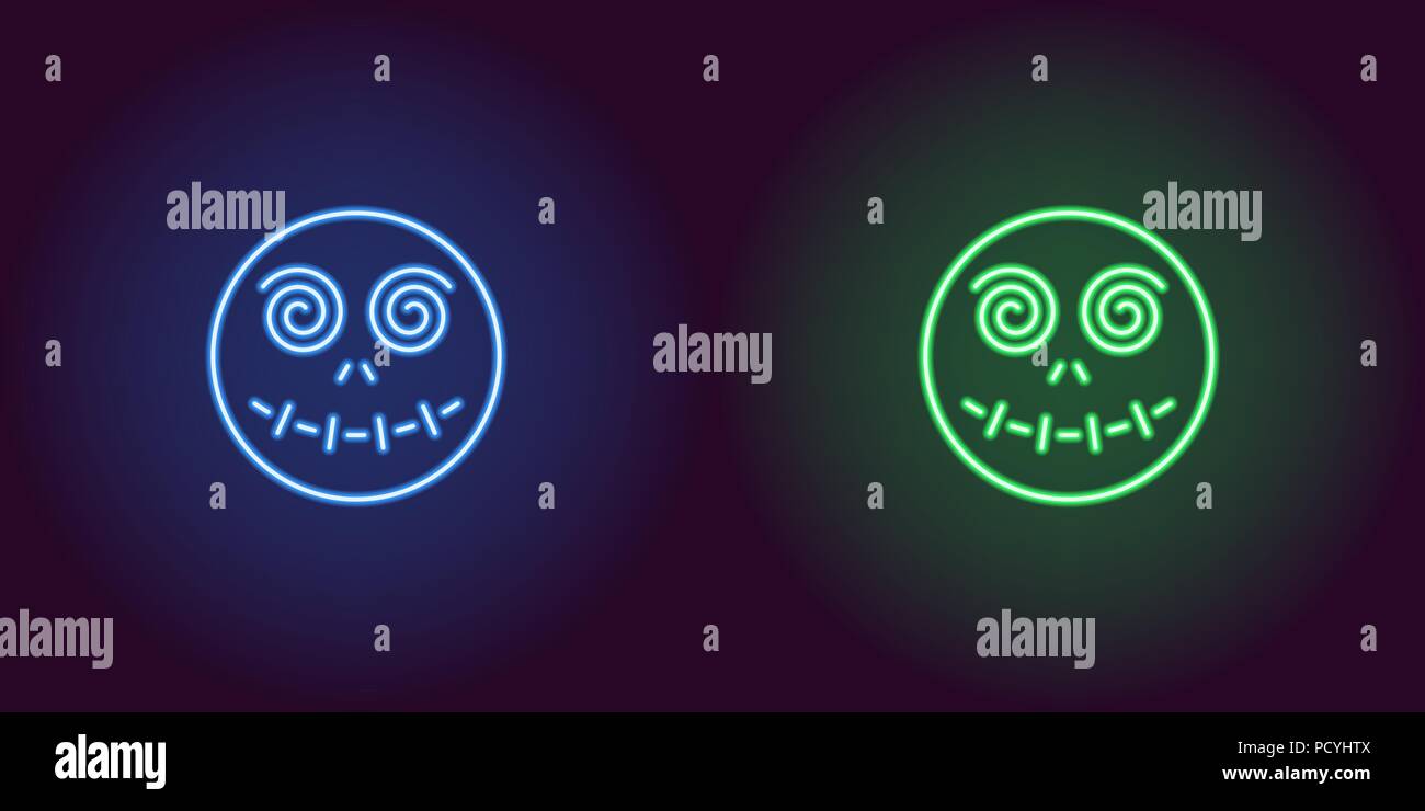 Neon zombie head in blue and green color. Vector illustration icon of ...
