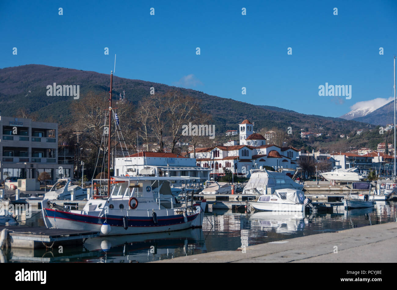 Platamonas, Greece - January 2, 2018: Harbor with boats and fishing ...