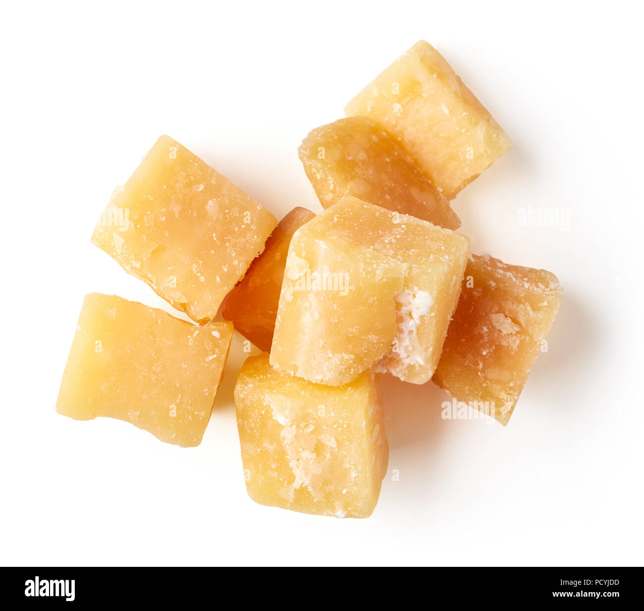 Heap of parmesan cheese cubes isolated on white background, top view ...