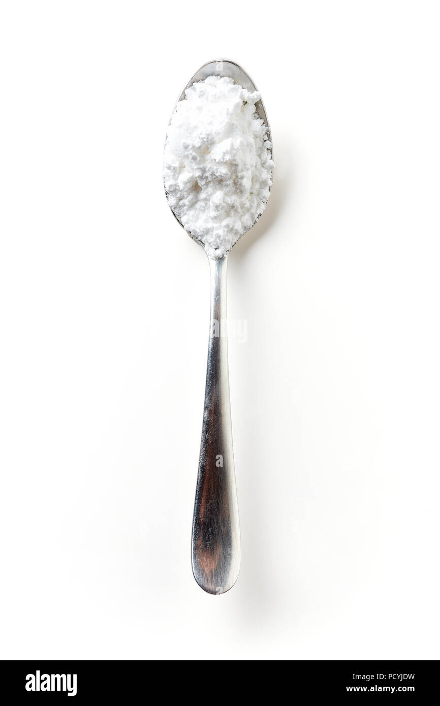 Spoon with powder sugar isolated on white background, top view Stock ...