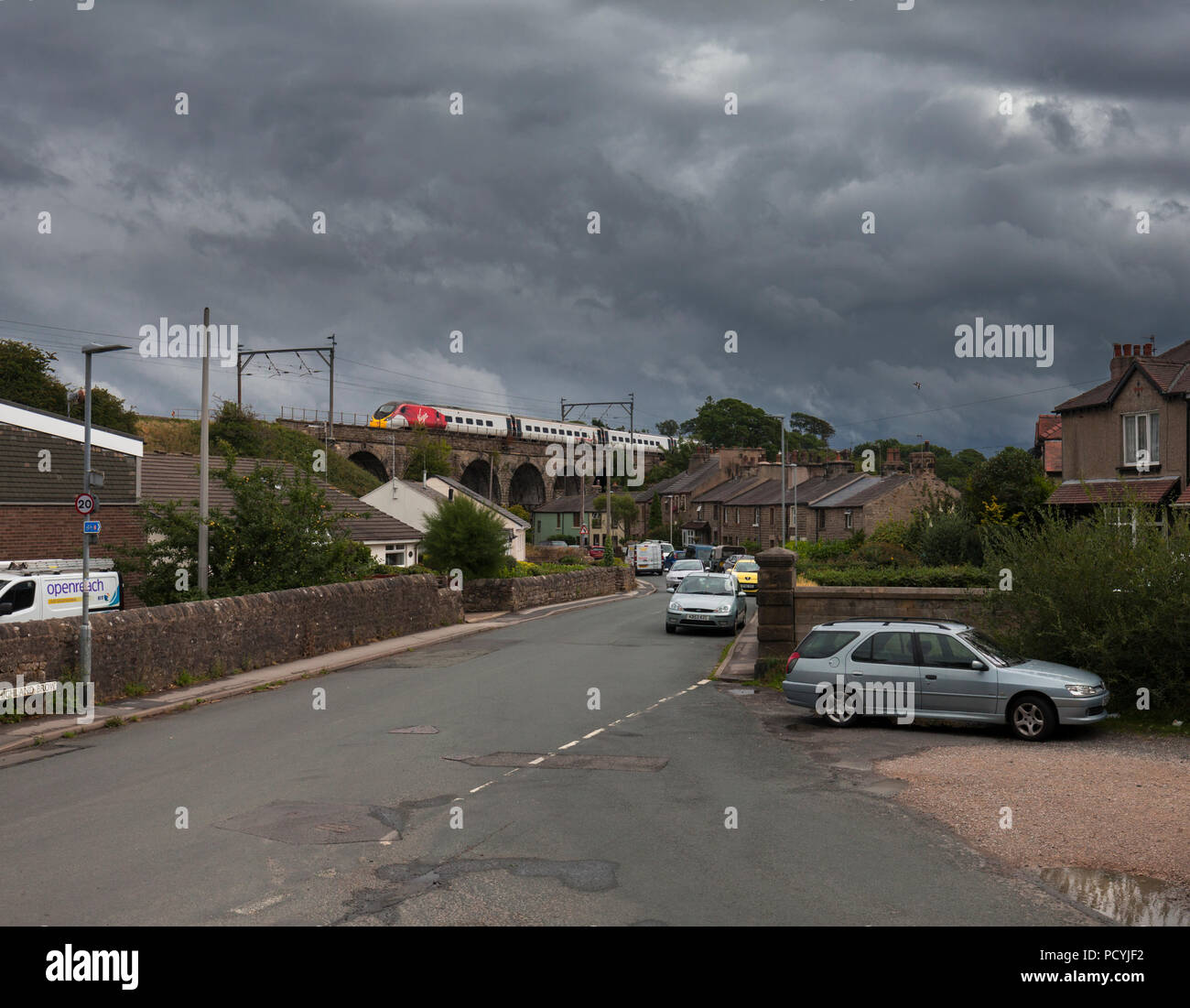 A Virgin Pendolino train at Galgate (South of Lancaster) above the ...