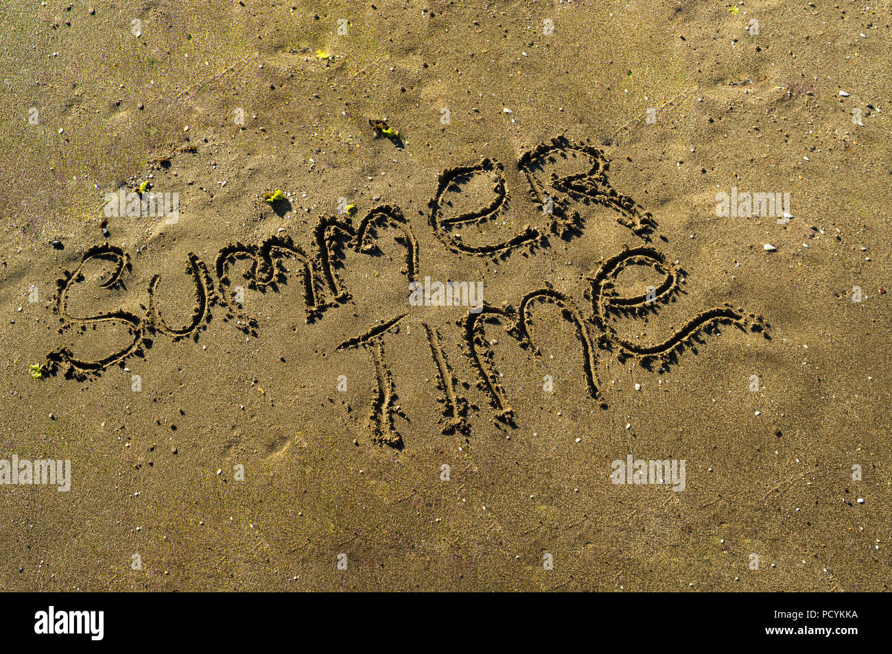Phrase "Summer Time" write on the beach sand during a sunny day ...