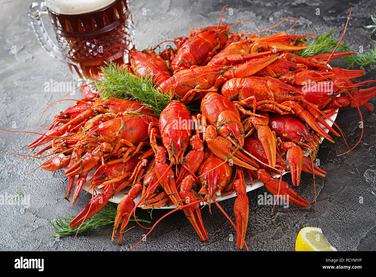 Crayfish. Red boiled crawfishes on table in rustic style, closeup ...