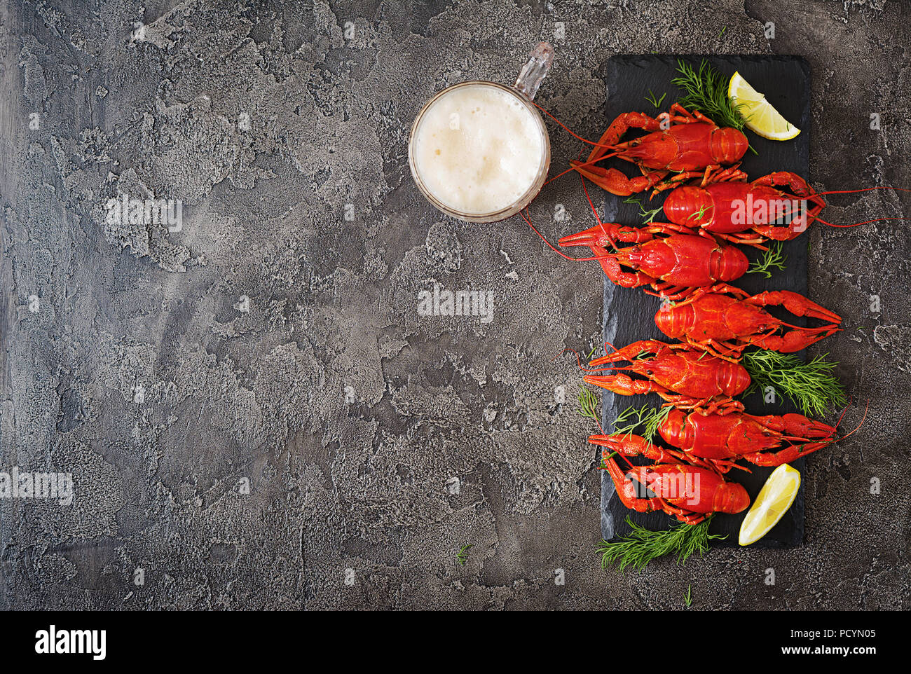 Crayfish. Red boiled crawfishes on table in rustic style, closeup ...