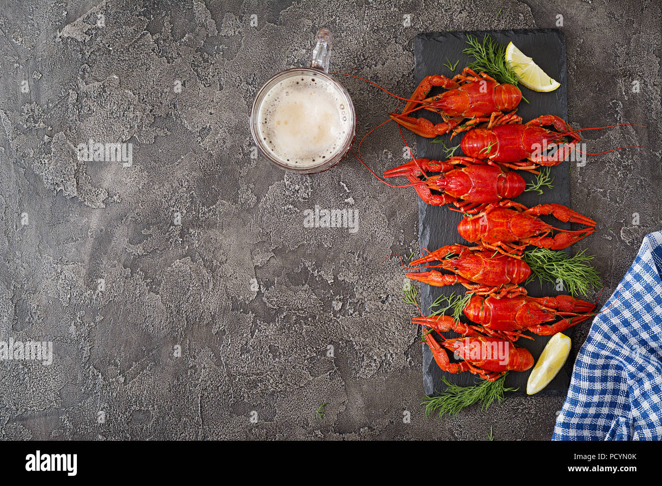 Crayfish. Red boiled crawfishes on table in rustic style, closeup ...