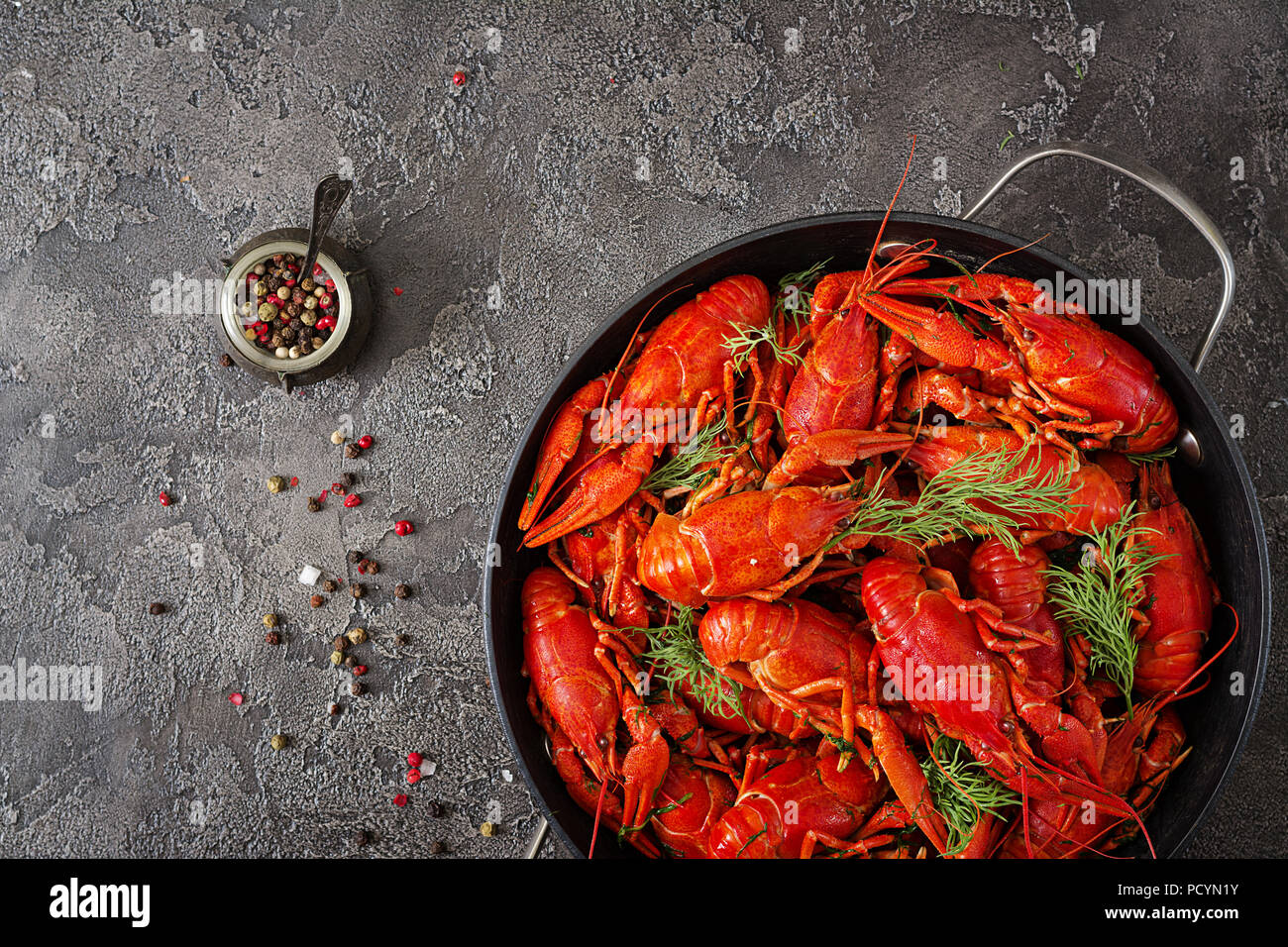 Crayfish. Red boiled crawfishes on table in rustic style, closeup ...