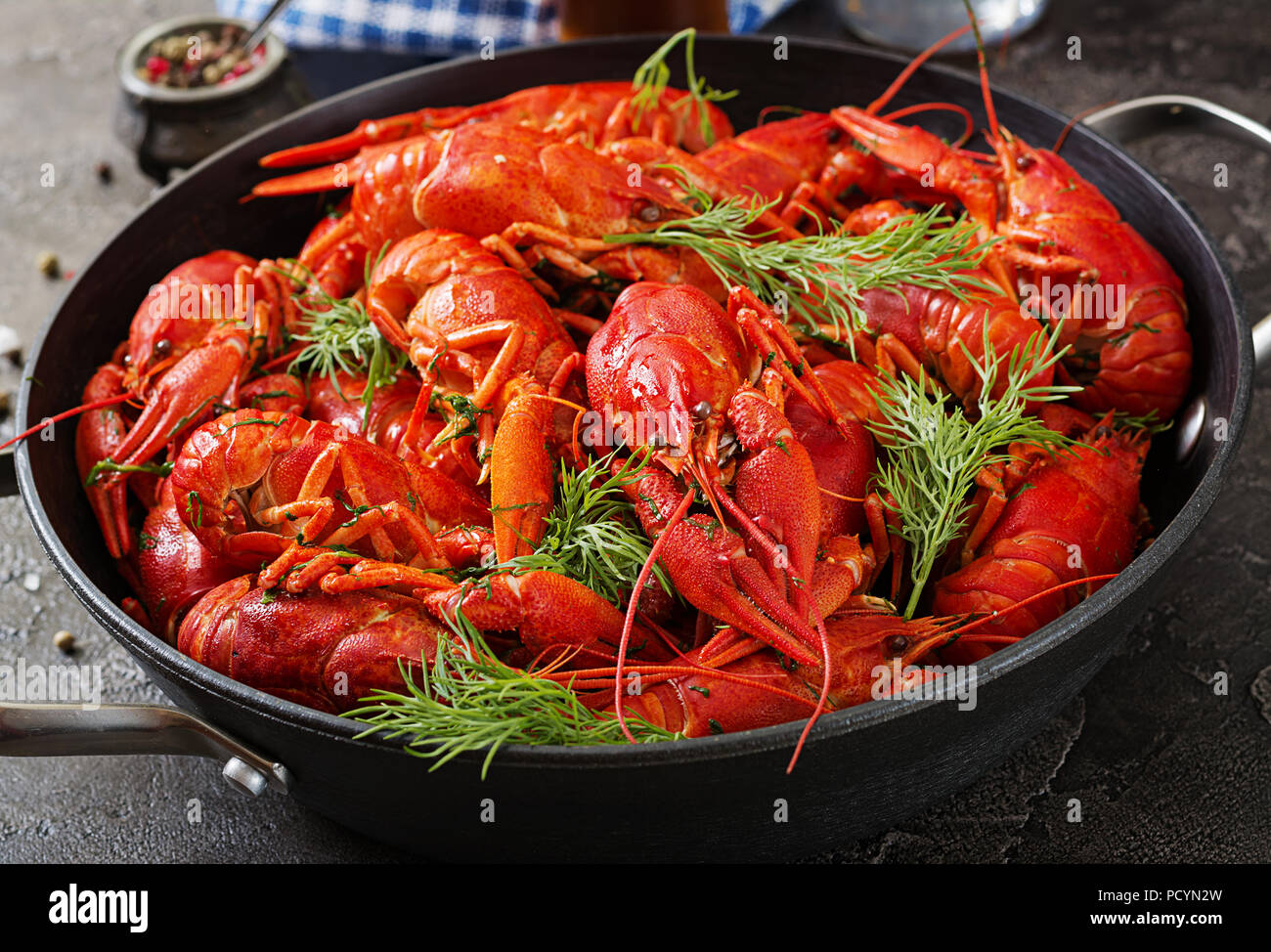 Crayfish. Red boiled crawfishes on table in rustic style, closeup ...
