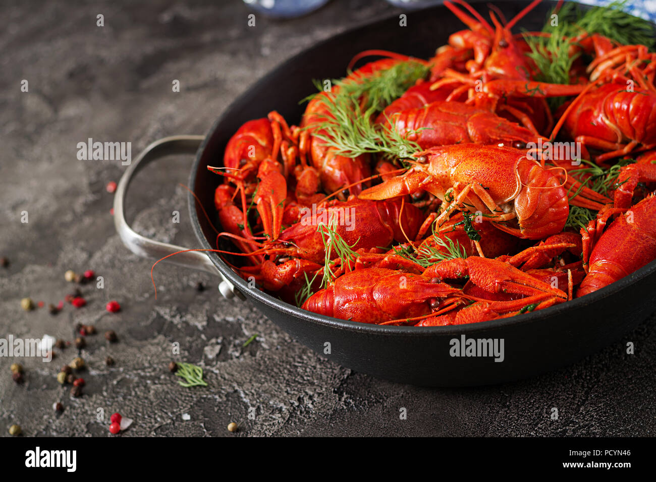 Crayfish. Red boiled crawfishes on table in rustic style, closeup ...