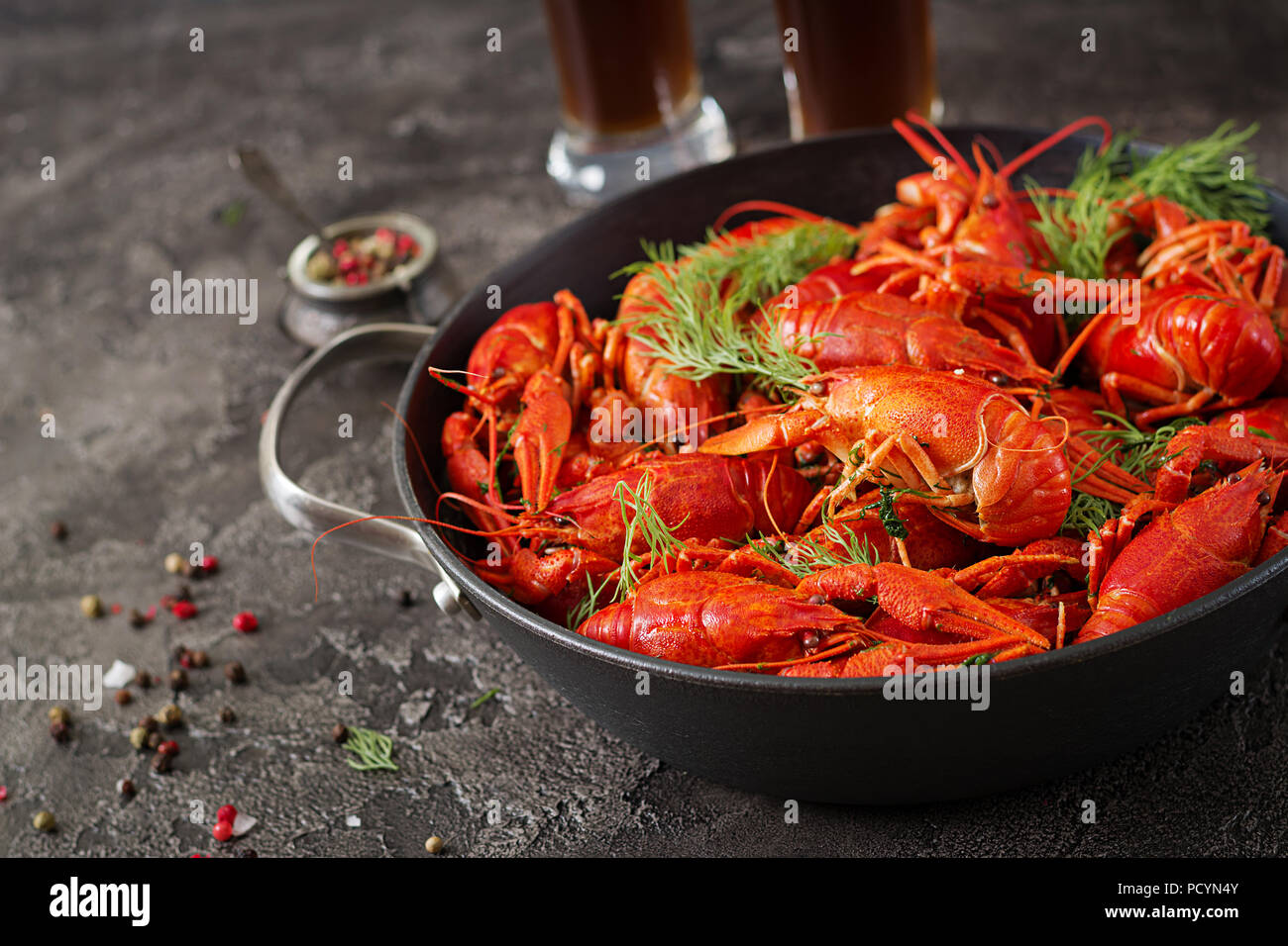 Crayfish. Red boiled crawfishes on table in rustic style, closeup ...