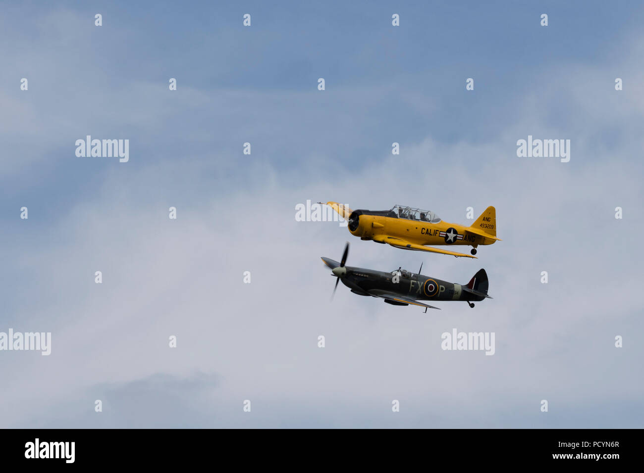 A Spitfire and North American Aviation T-6 Texan Harvard in flight side ...