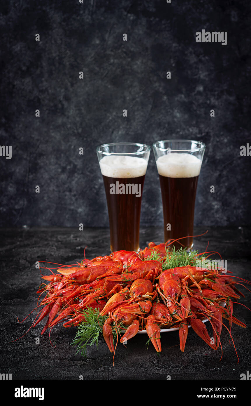 Crayfish. Red boiled crawfishes on table in rustic style, closeup ...