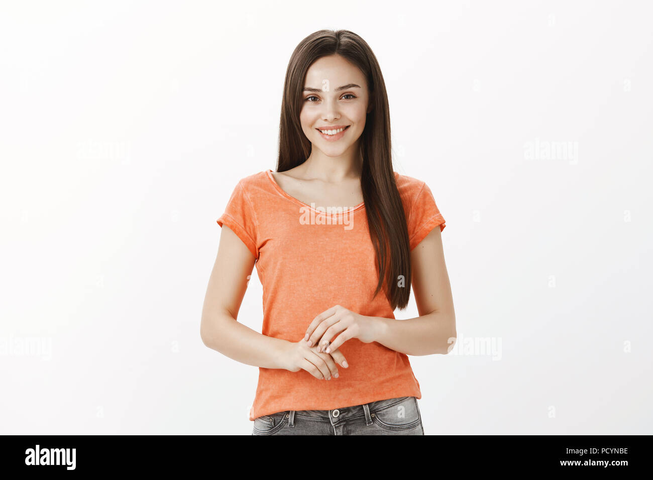 Timid cute caucasian girl asking permission from boss to leave work ...