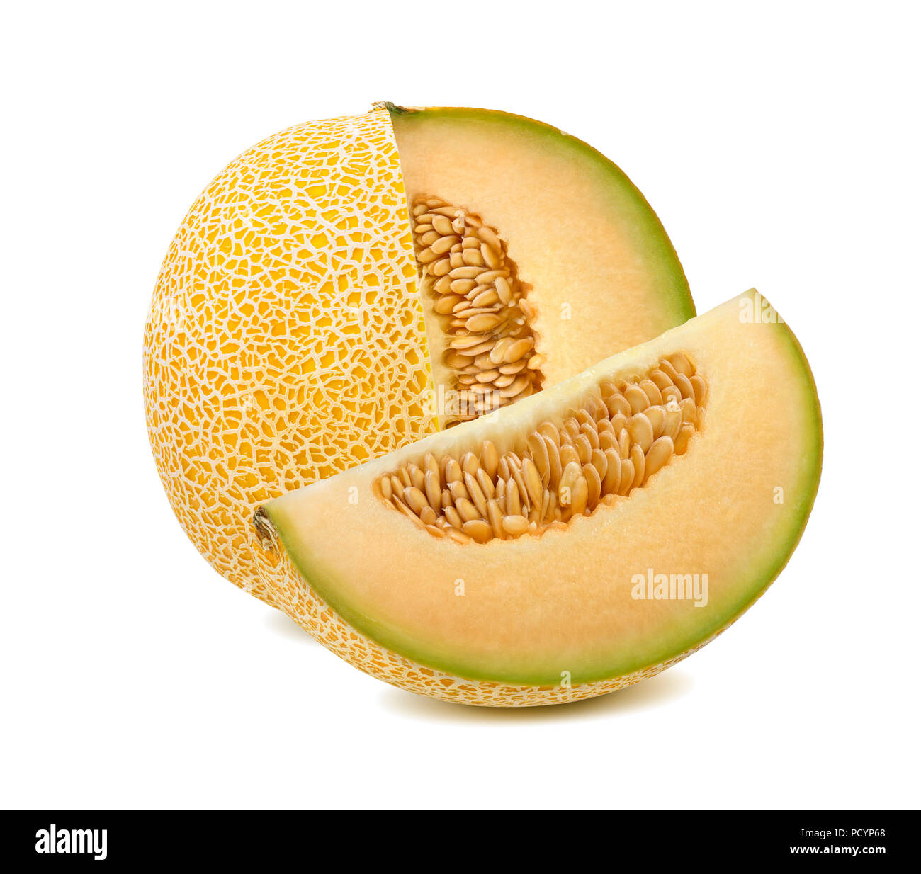 Galia melon whole and half piece composition isolated on white hi-res ...