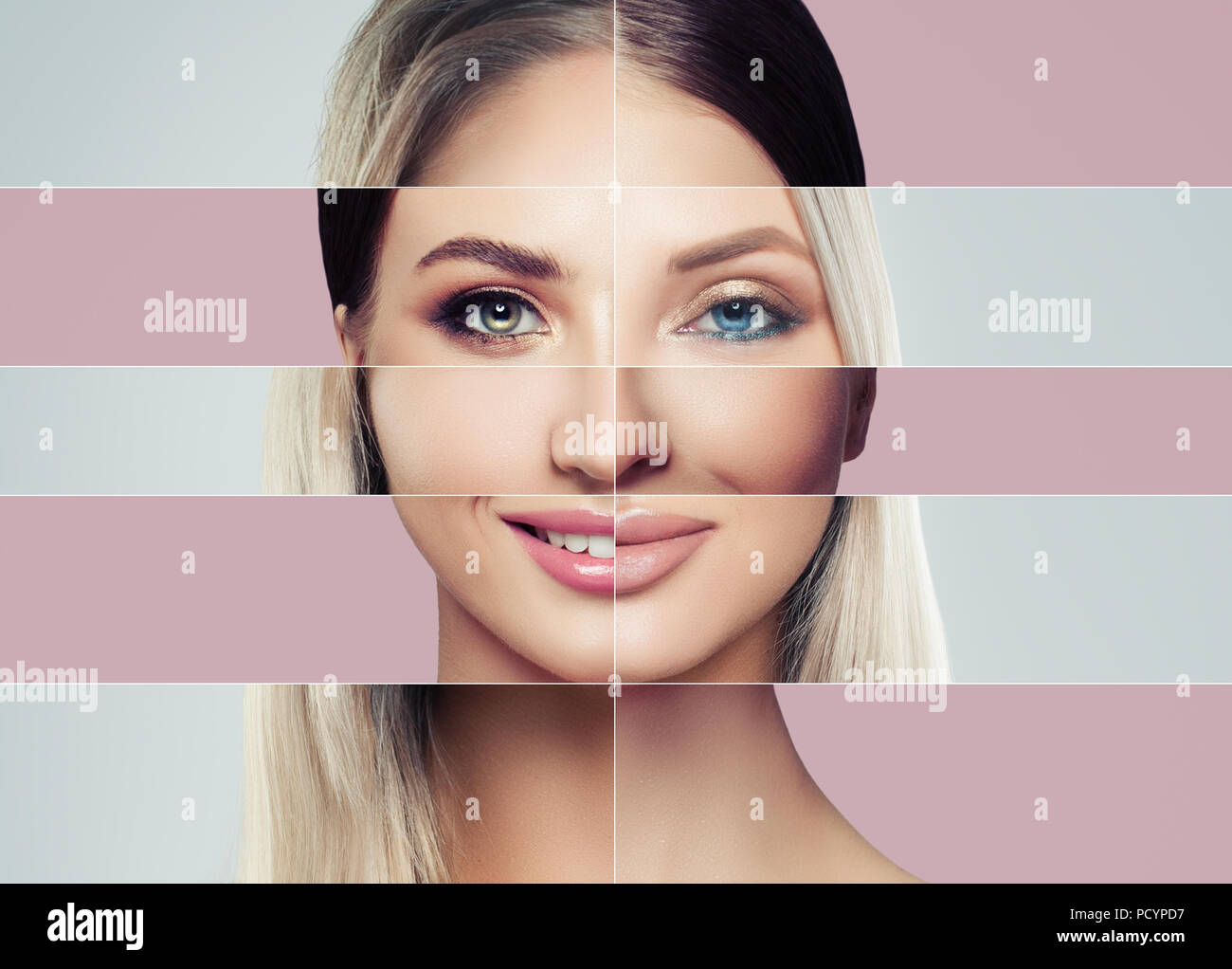 Beautiful faces of young woman. Plastic surgery concept. Happy blonde ...