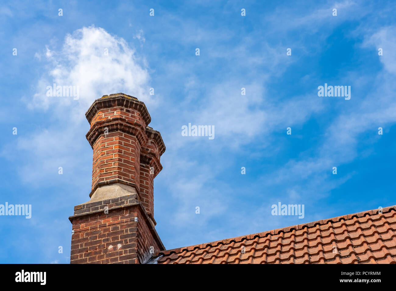 solated image of a pair of very old brick-built chimneys showing there ...