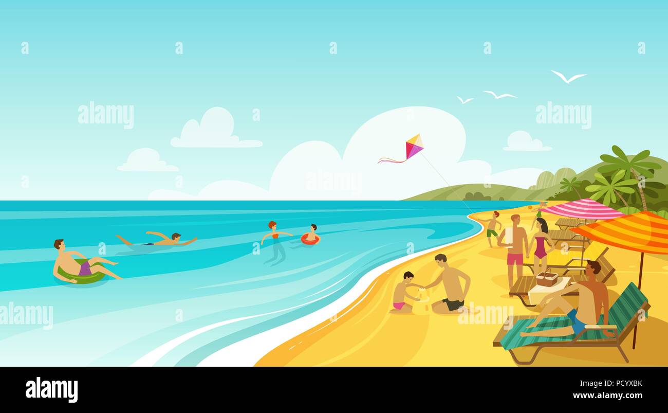 People rest on sea beach. Vacation, travel banner. Cartoon vector ... People rest on sea beach. Vacation, travel banner. Cartoon vector ...