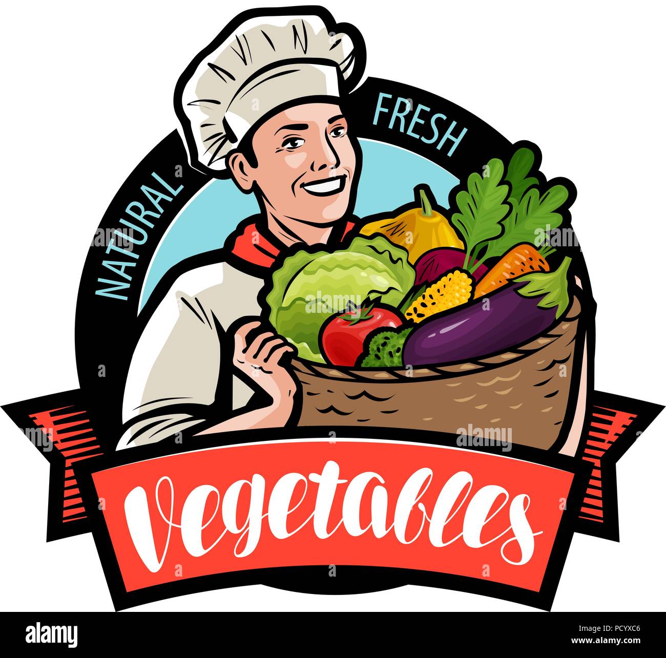 Happy cook is holding a wicker basket with vegetables. Cartoon vector ...